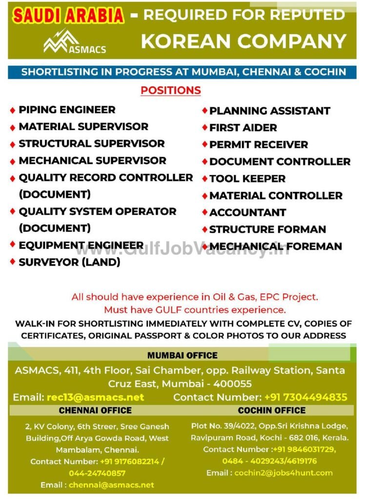 Jobs in Saudi Arabia Vacancies -Required For Reputed